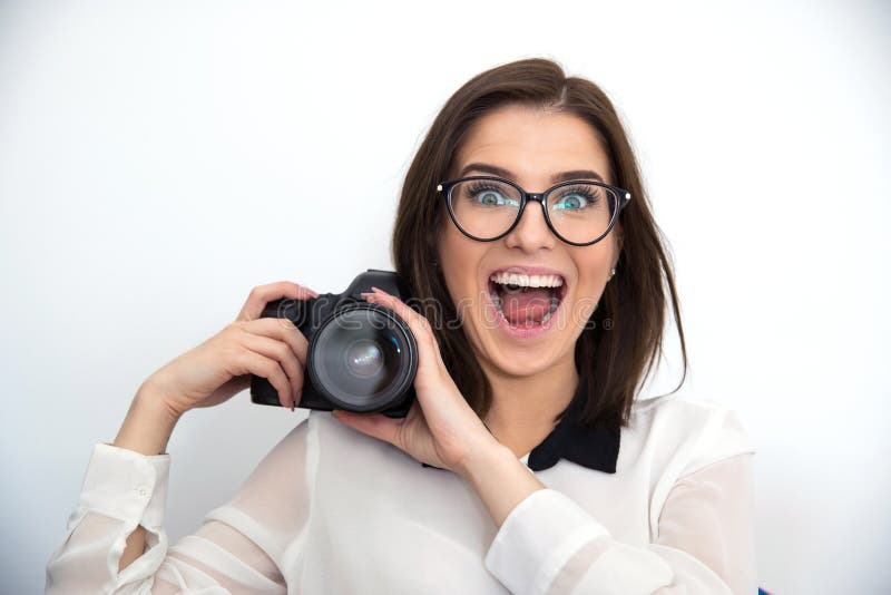 Funny woman holding camera stock image. Image of lighting - 51577161