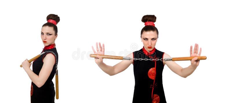 The Funny Woman with Nunchucks Isolated on White Stock Photo - Image of ...