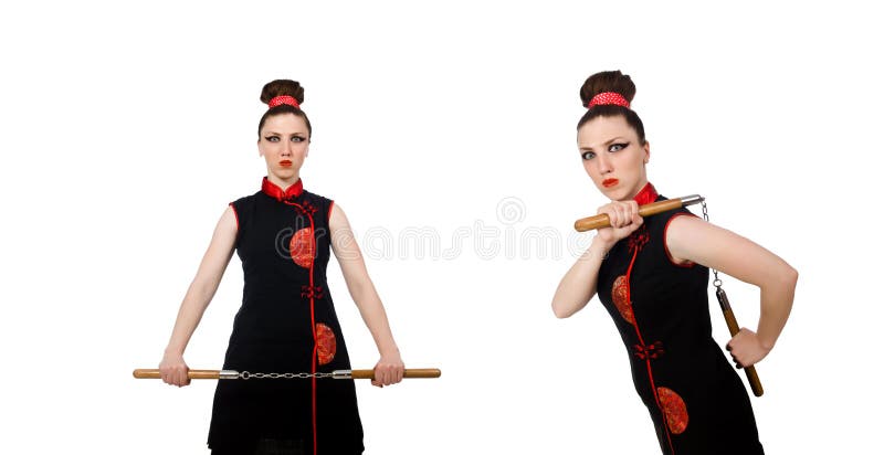 The Funny Woman with Nunchucks Isolated on White Stock Image - Image of ...