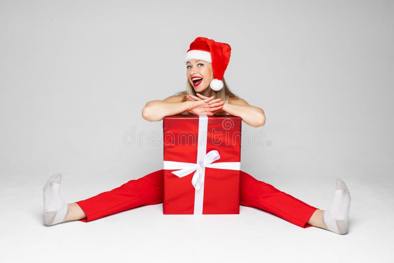 Funny Woman Sits with a Big Red Box Stock Photo - Image of christmas ...