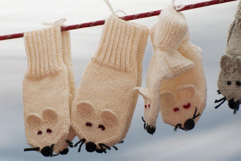 Funny Wool Mittens Hanging on Clothesline Stock Image - Image of ...
