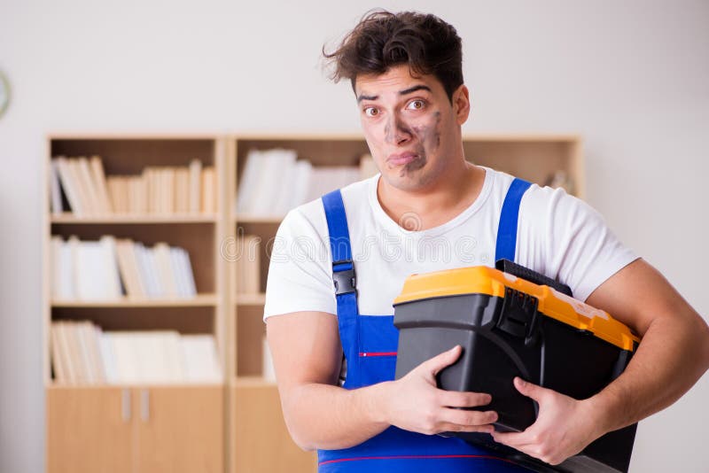 The Funny Worker with Dirty Face and Toolkit Stock Photo - Image of ...
