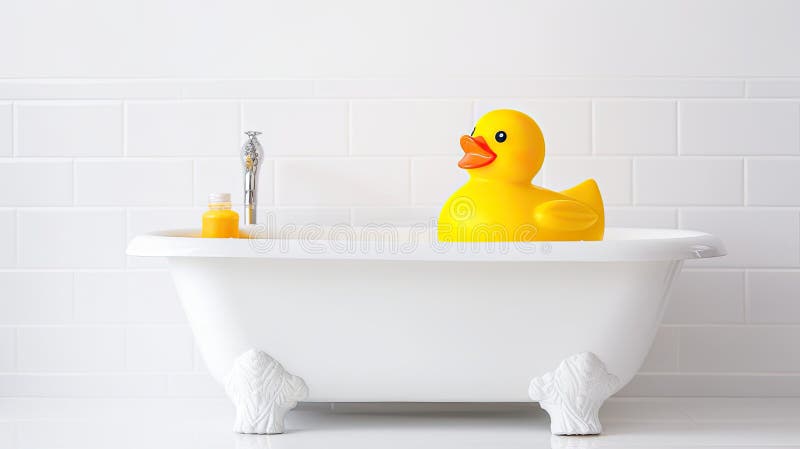 Funny Yellow Rubber Duck Floating in White Bathtub. Stock Image - Image ...