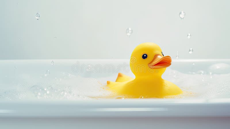 Funny Yellow Rubber Duck Floating in White Bathtub. Stock Photo - Image ...
