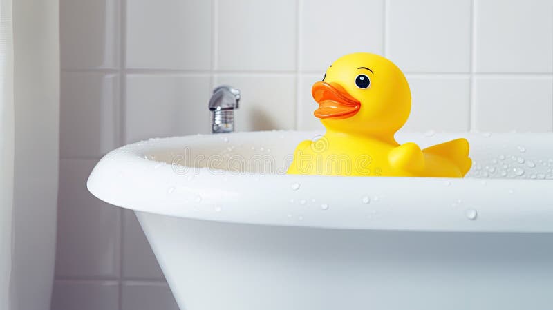 Funny Yellow Rubber Duck Floating in White Bathtub. Stock Photo - Image ... Funny Yellow Rubber Duck Floating in White Bathtub. Stock Photo - Image ...