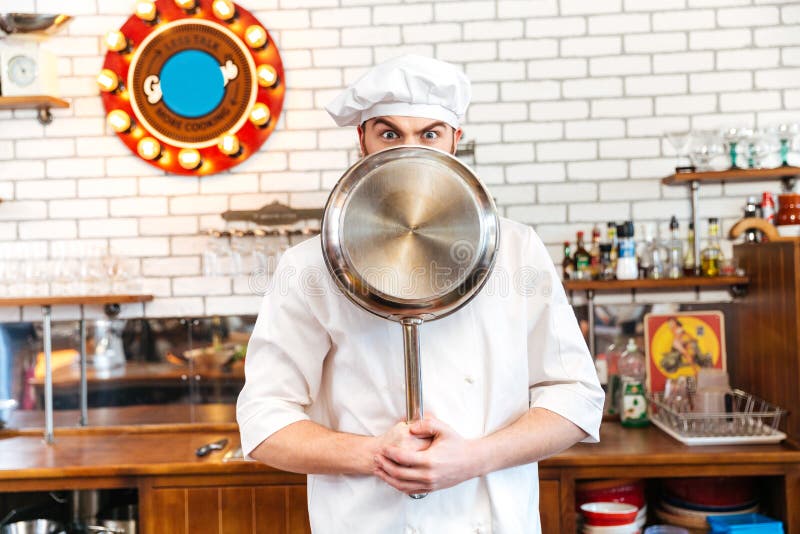 Funny Young Chef Cook Covered His Face with Frying Pan Stock Photo ...