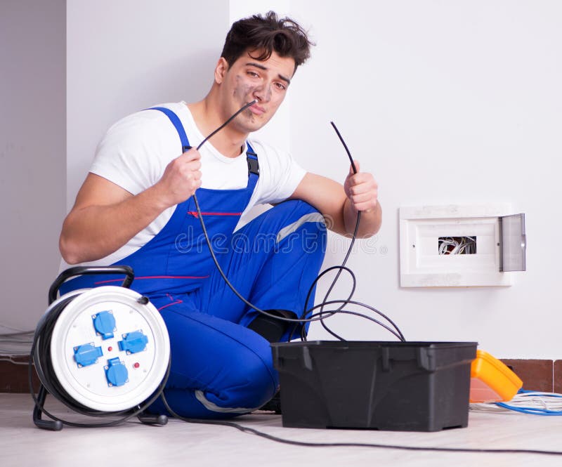 Funny Young Electrician Working on Socket at Home Stock Image - Image ...
