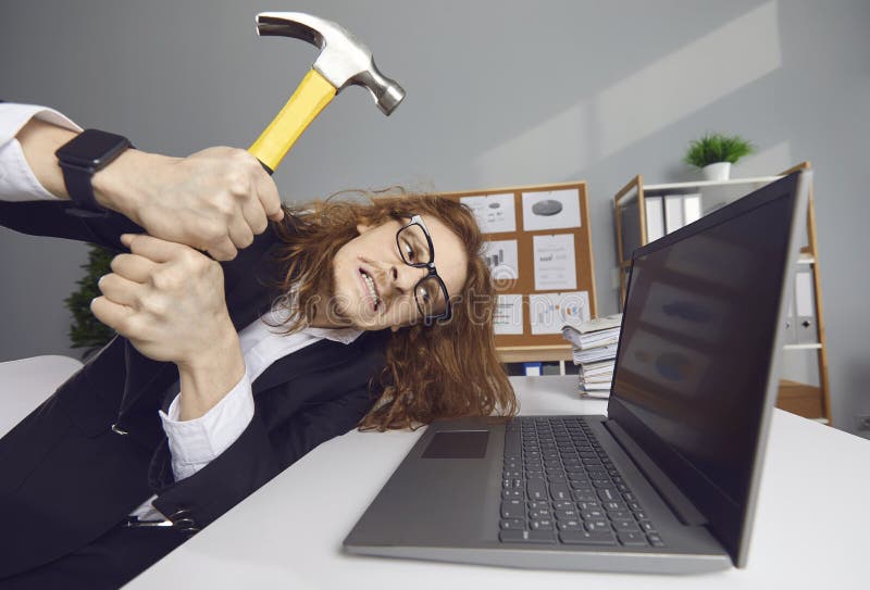 Funny Young Office Worker Sitting in Office Feeling Ready To Hit ...