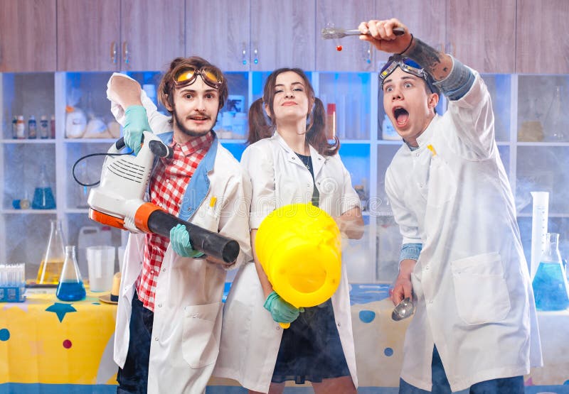 Funny Young Scientists in Lab Together Stock Image - Image of insane ...