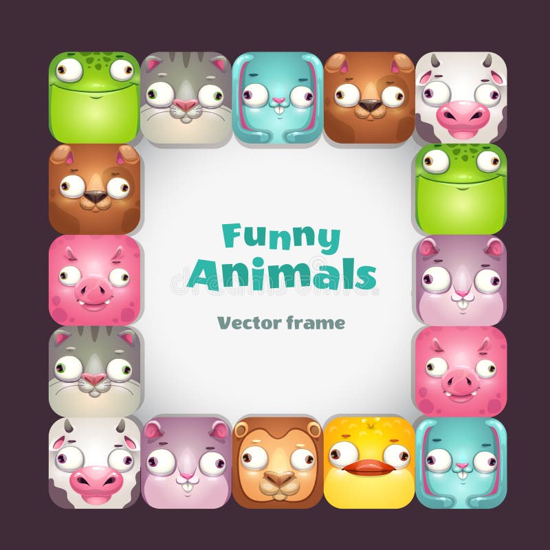 Funy Vector Square Frame with Comic Cartoon Animal Faces. Stock Vector ...