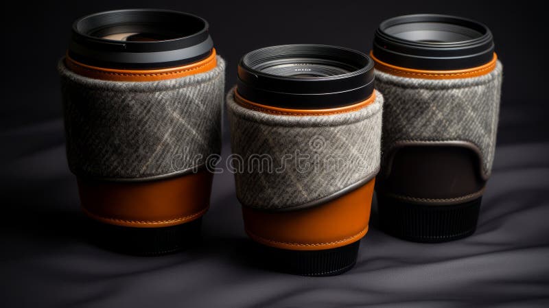 Fur Sleeved Tea Cups and Rangefinder Lens Inspired Orange Mug Stock ...
