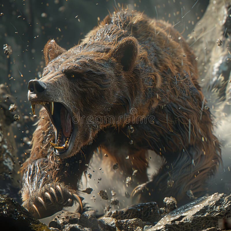 Furious Brown Bear Charging, Splashing Water, Bared Teeth Stock ...