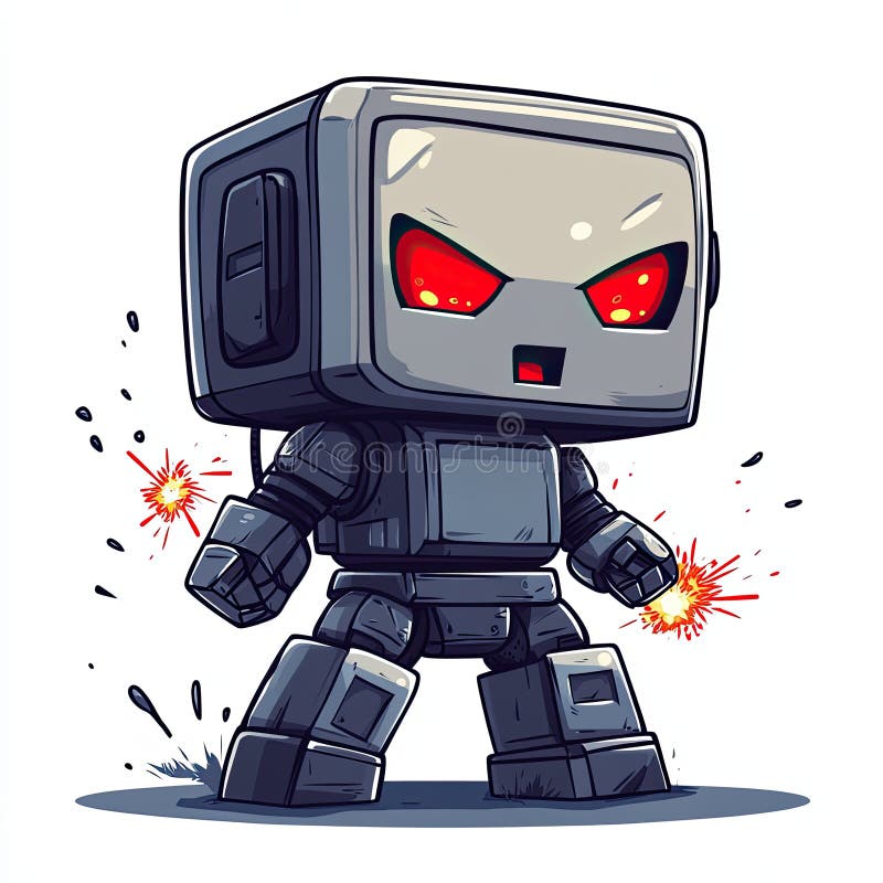 Furious Chibi Robot with Glowing Eyes and Mechanical Features, Ready ...