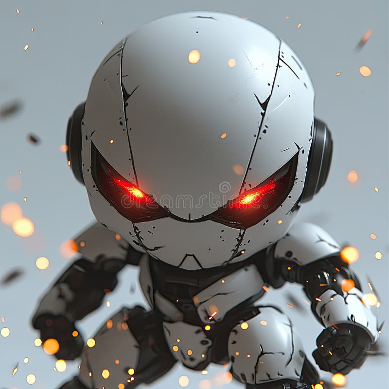 Furious Chibi Robot with Glowing Red Eyes and Mechanical Features Stock ...