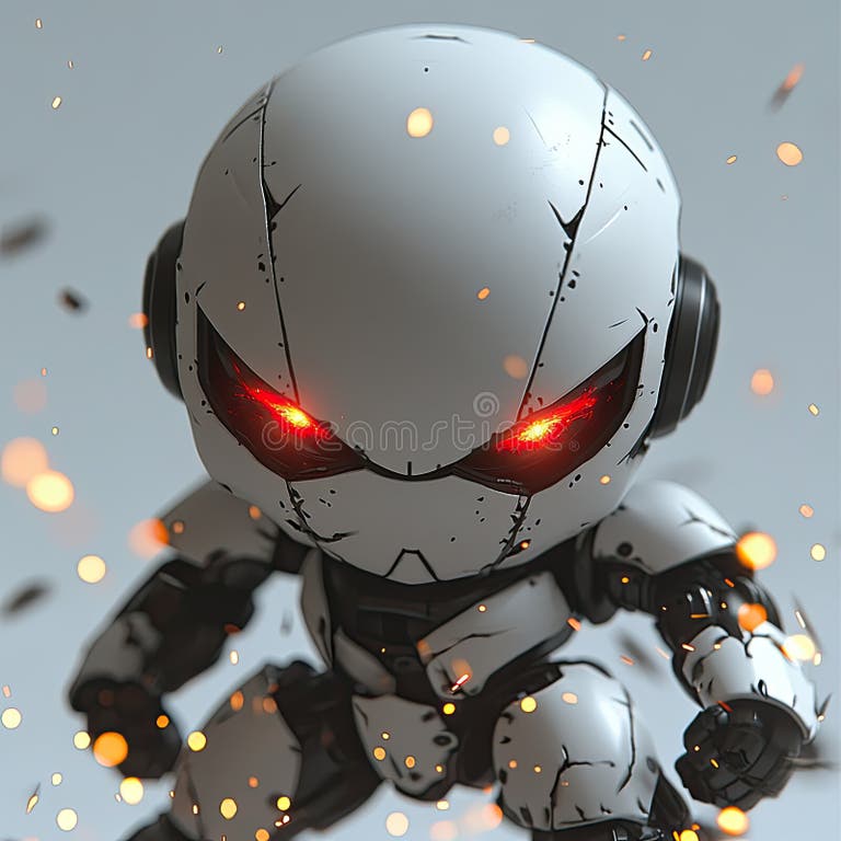 Furious Chibi Robot with Glowing Red Eyes and Mechanical Features Stock ...