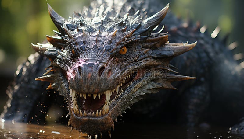 Furious Dragon Screams, Showcasing Sharp Teeth in Spooky Forest ...