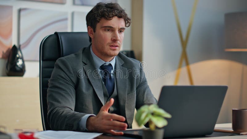 Furious Guy Shouting Virtual Conference Office Closeup. Angry Man ...