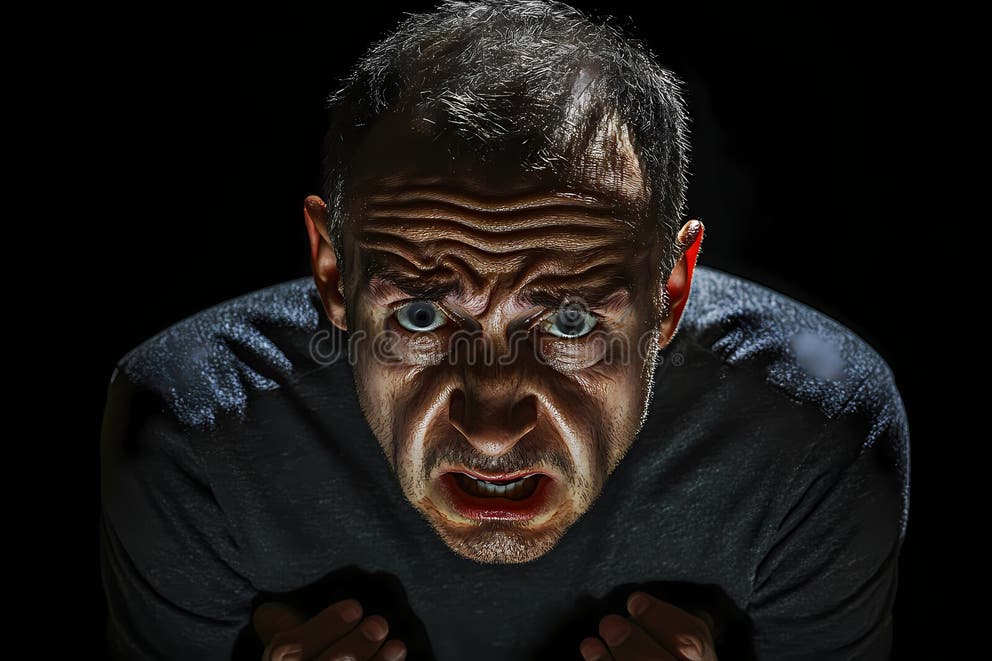 Angry Man Showing Teeth and Wrinkles on Forehead in the Dark Stock ...