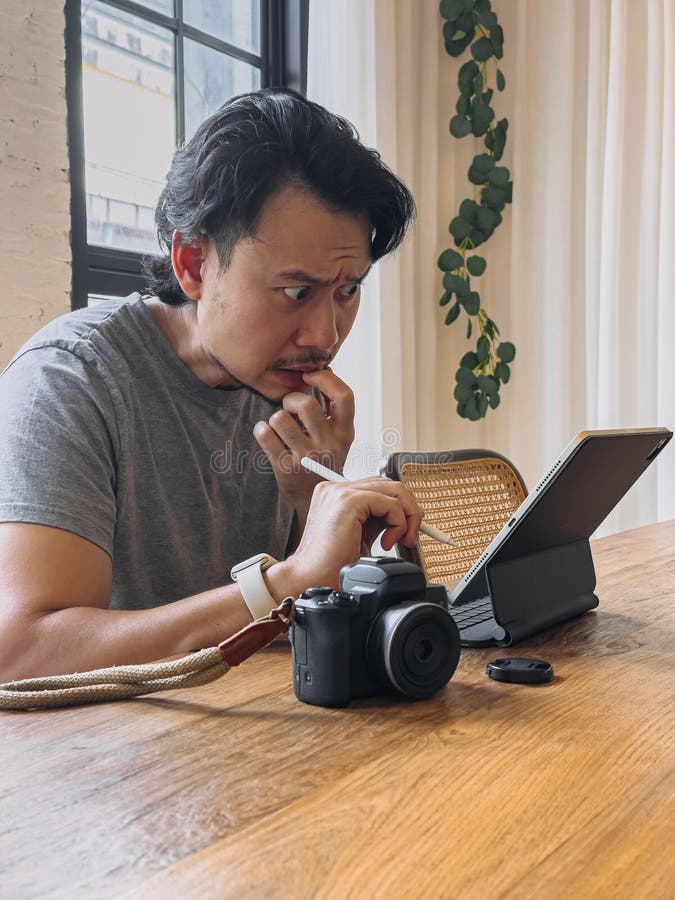 Furious Photographer Man Working in Rush As it is at Deadline. Stock ...
