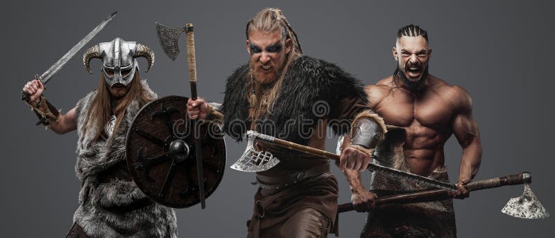 Three Furious Vikings from Past Against Gray Background Stock Image ...