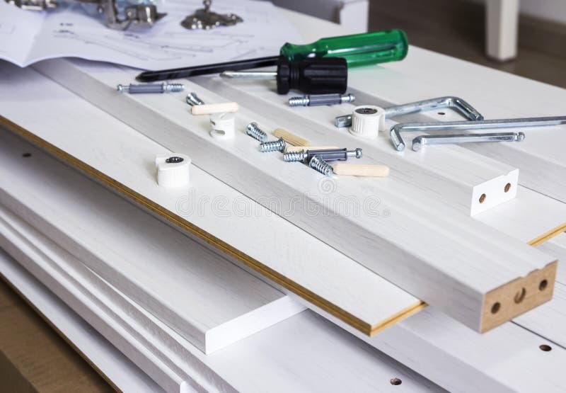 Furniture Assembly Concept of Tool and White Wood Stock Photo - Image ...