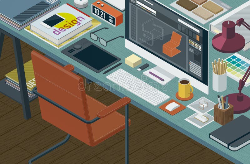 Furniture Designer Desk with Work Equipment,3D Illustration Stock ...