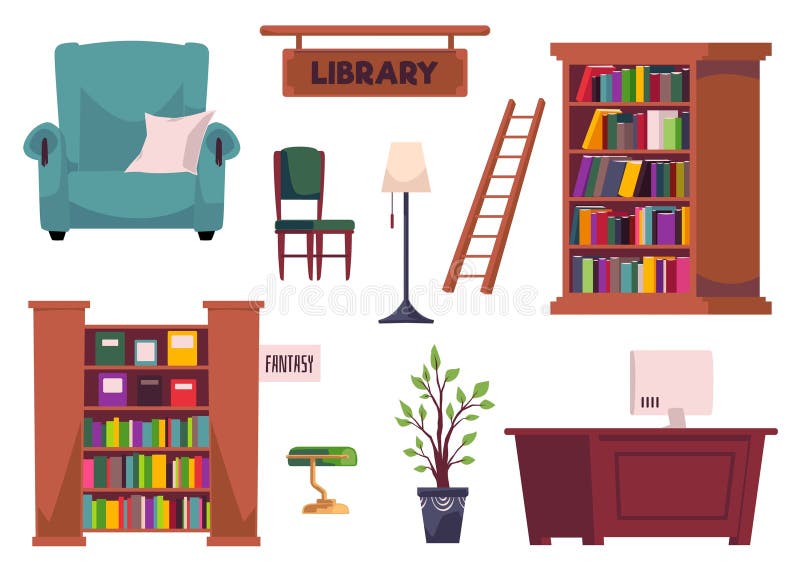 Furniture and Interior Elements Set for Library, Vector Illustration ...