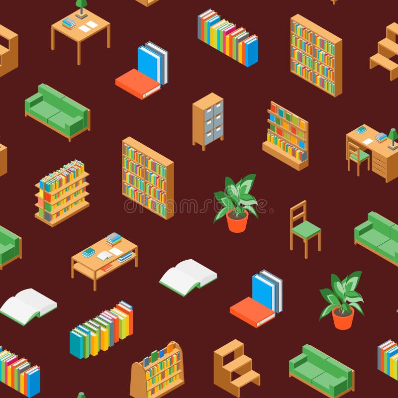 Furniture for Library 3d Seamless Pattern Background Isometric View ...