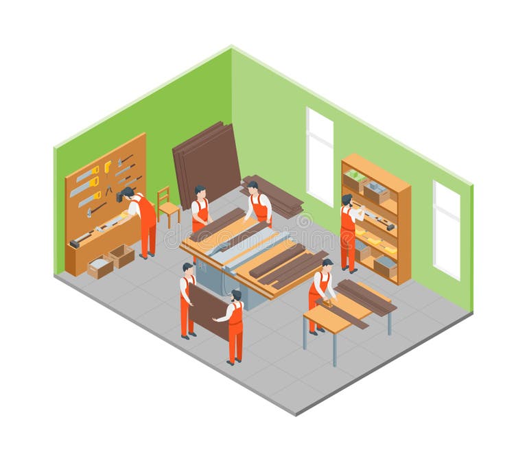 Furniture Makers at Work and Interior with Elements Isometric View ...