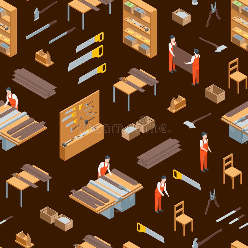 Furniture Makers at Work and Interior Seamless Pattern Background ...