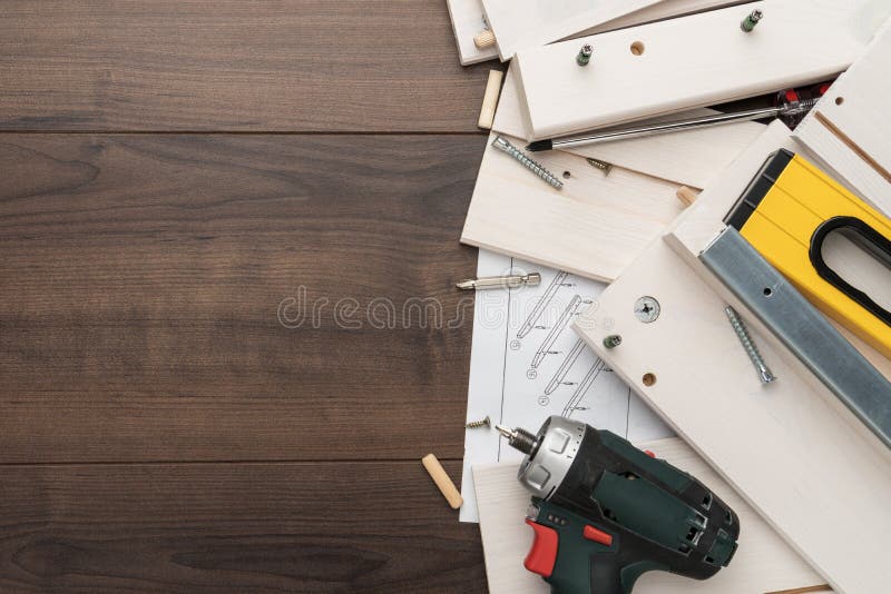 Furniture Piece Parts and Tools on the Wooden Table with Copy Space ...