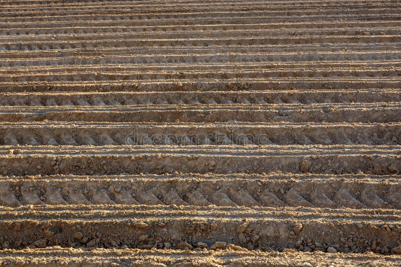 Furrows Row Pattern in a Plowed Field Prepared for Planting Crops in ...