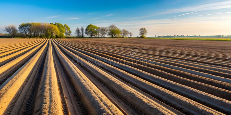 Furrows Row Pattern in a Plowed Field Prepared for Planting Potatoes ...