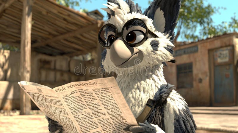 Furry Anthropomorphic Bird Reading Newspaper Outdoors Western Setting ...