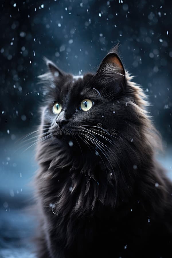 Furry Black Cat in Winter with Falling Snow Stock Illustration ...