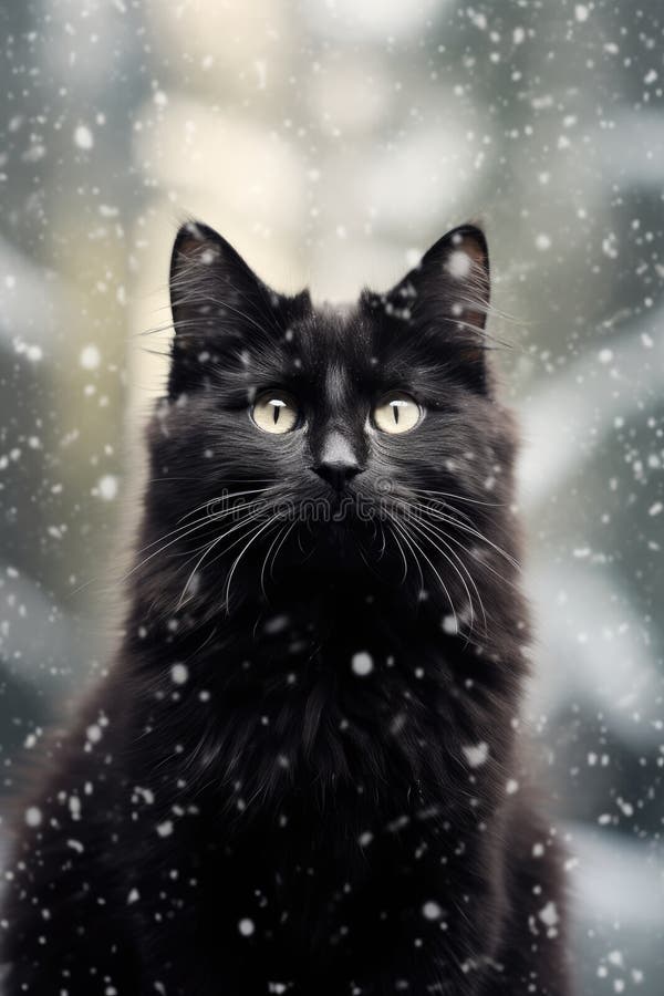 Furry Black Cat in Winter with Falling Snow Stock Illustration ...