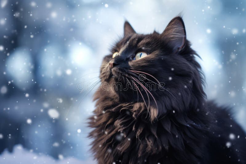 Furry Black Cat in Winter with Falling Snow Stock Illustration ...