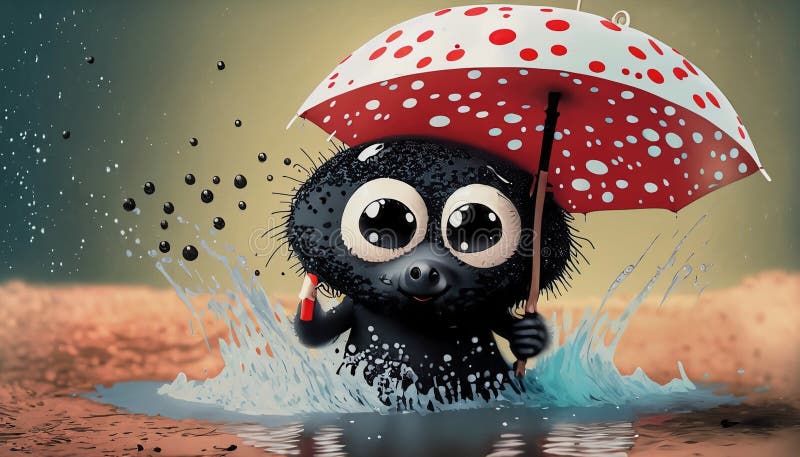 Furry Black Cheerful Animal with Umbrella in Puddle of Water Stock ...