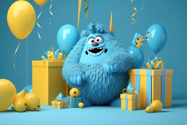 Furry Blue Monster between Yellow Gift Boxes Stock Photo - Image of ...