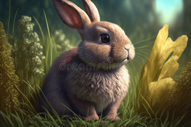 Furry Bunny With A Wagging Tail Nibbling On Fresh Green Grass Stock Image Image Of Curious