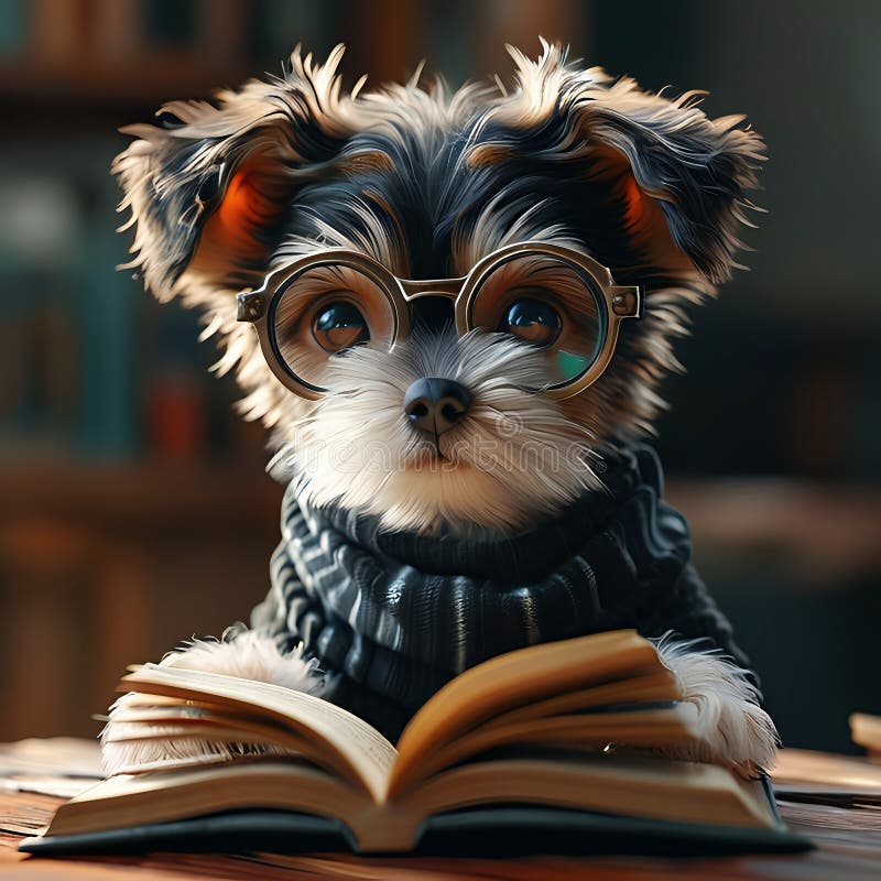 Furry Cat Reading a Thick Book, Wear Spectacles, Indoor, Wear Scarf ...
