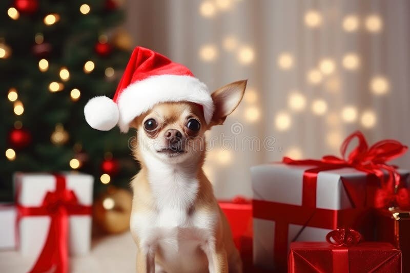 Furry Christmas Greetings: Chihuahua and Santa Hat Stock Illustration ...