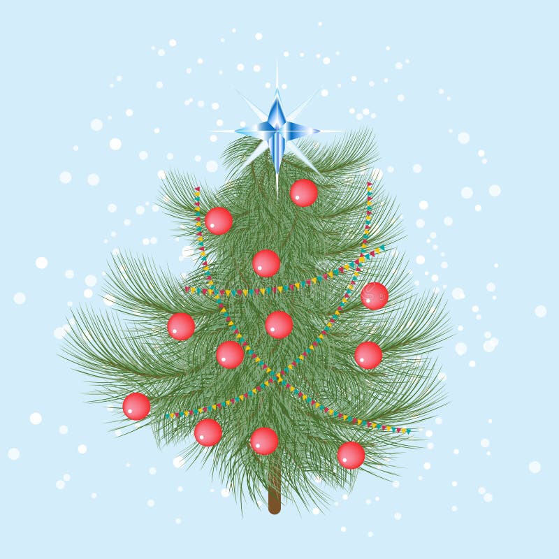 Furry Christmas Tree with Red Balls and a Crystal Star on Top Stock ...