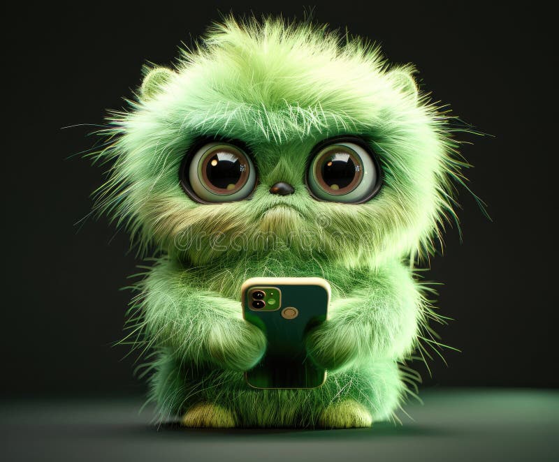 Furry Creature with Large Eyes Holding a Phone Stock Illustration ...