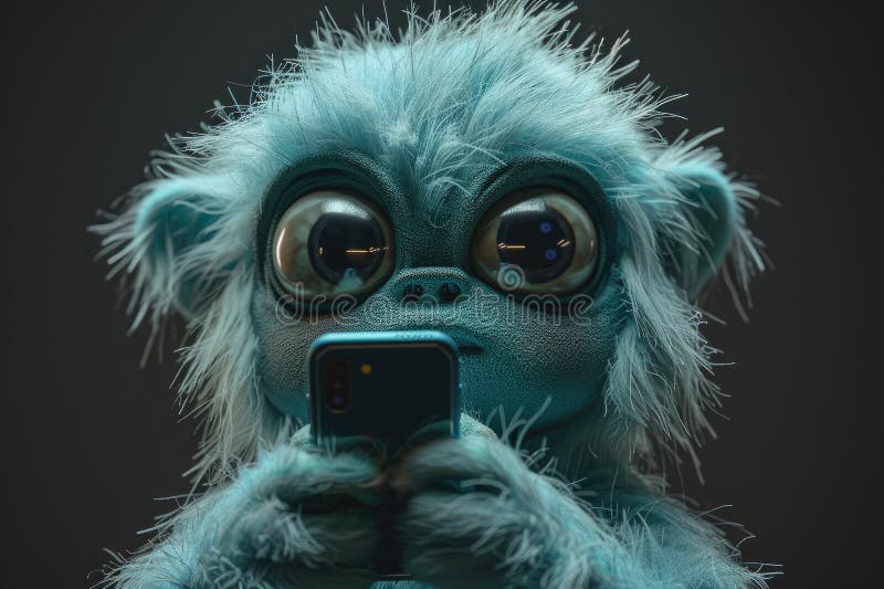 Furry Creature with Large Eyes Holding a Phone Stock Illustration ...