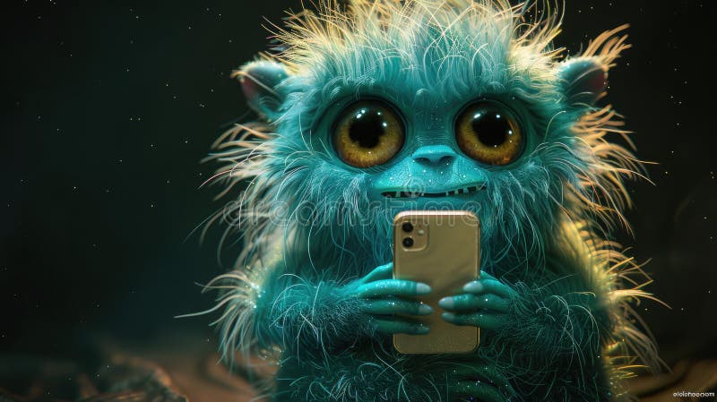 Furry Creature with Large Eyes Holding a Phone Stock Illustration ...