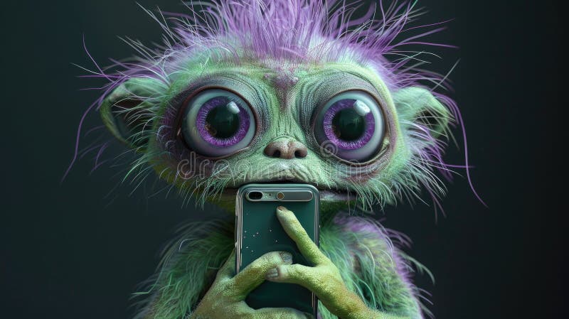 Furry Creature with Large Eyes Holding a Phone Stock Illustration ...