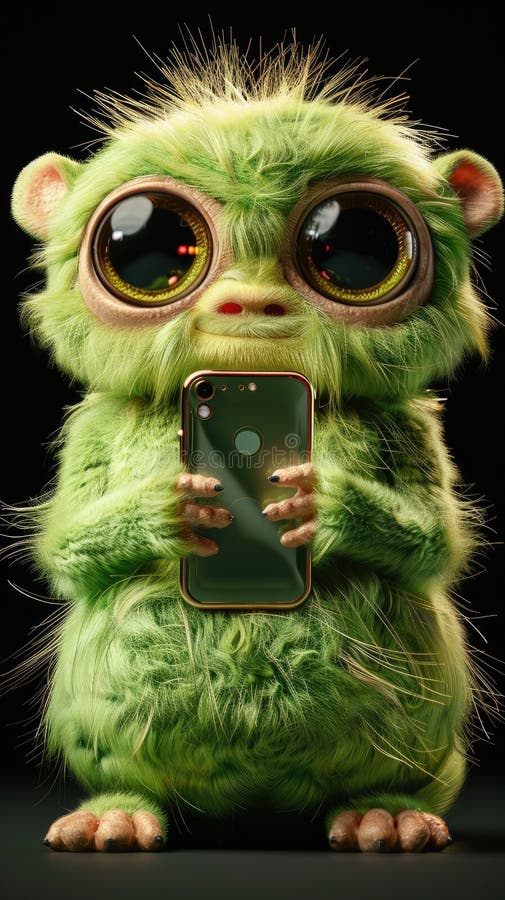 Furry Creature with Large Eyes Holding a Phone Stock Illustration ...