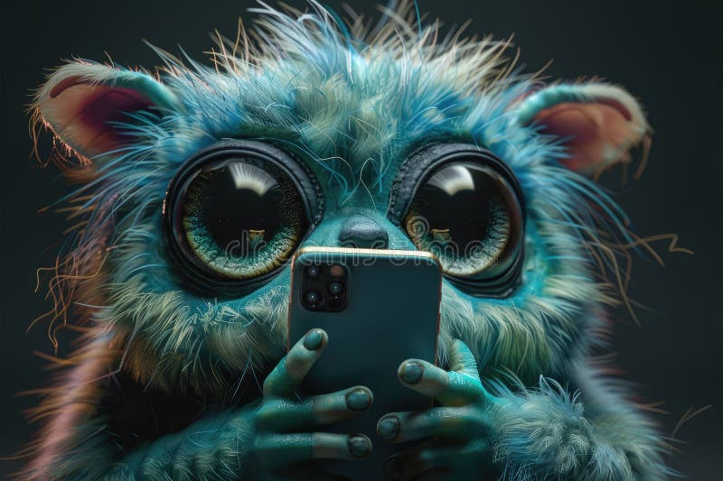 Furry Creature with Large Eyes Holding a Phone Stock Illustration ...