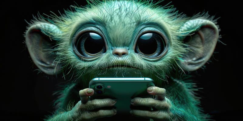 Furry Creature with Large Eyes Holding a Phone Stock Illustration ...